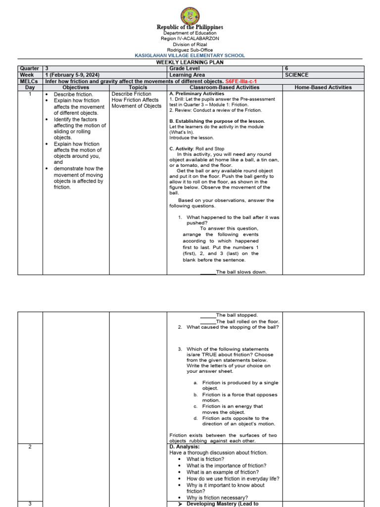 Grade 6 Science Weekly Learning Plan | PDF | Friction | Force