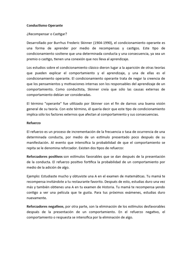 Conductismo Operante-Skinner | PDF | Reforzamiento | Comportamiento