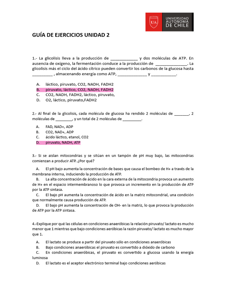 Guía de Ejercicios Unidad 2 | PDF | Trifosfato de adenosina | Glucólisis