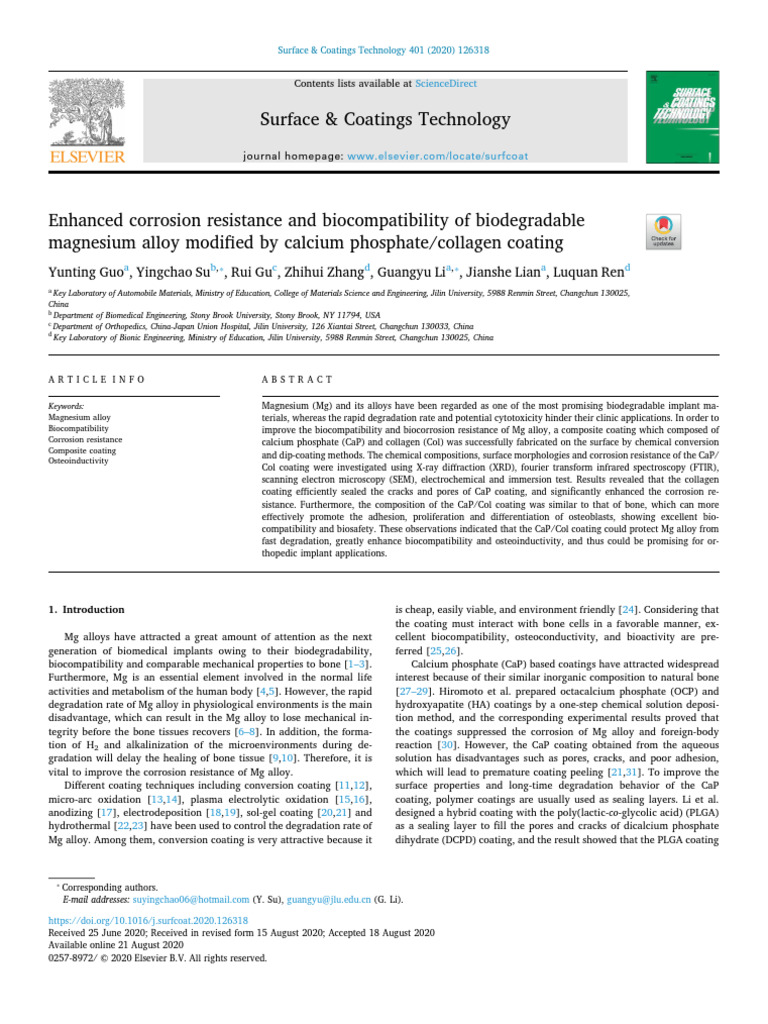 Enhanced Corrosion Resistance and Biocompatibility of Biodegradable Magnesium Alloy Modified by ...