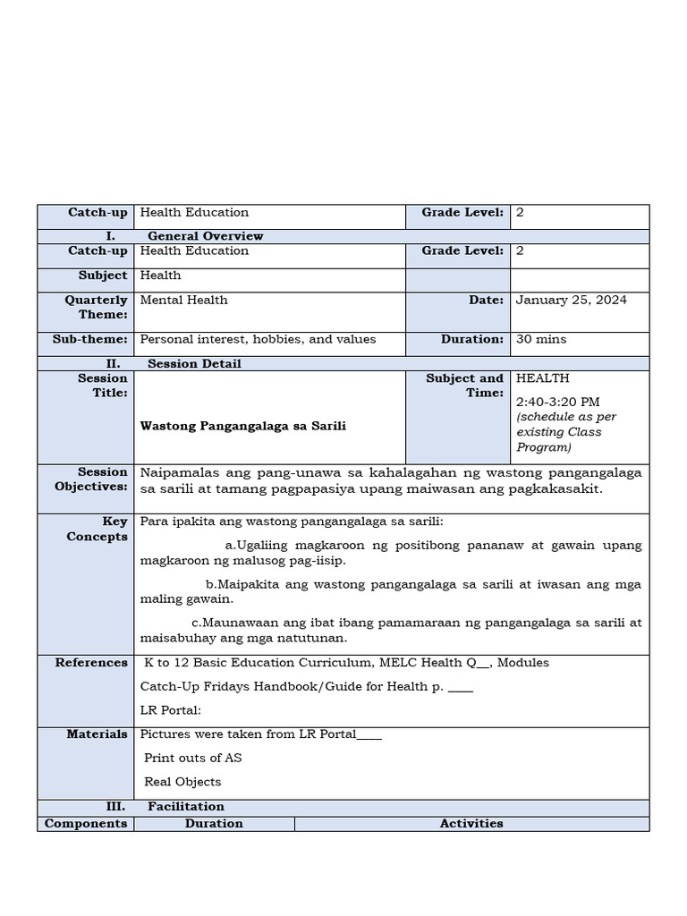 Lesson Plan Catch Up FRIDAY Health EDUCATION GRADE 2 | PDF