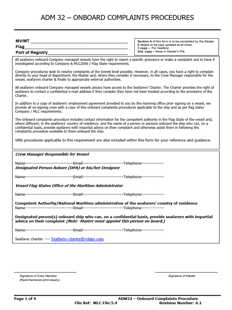 ADM 32 - Onboard Complaints Procedure | PDF | Complaint | Sailor