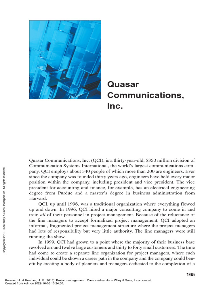 Case-01-Quasar-Communications_Kerzner - 2013 | PDF | Marketing ...
