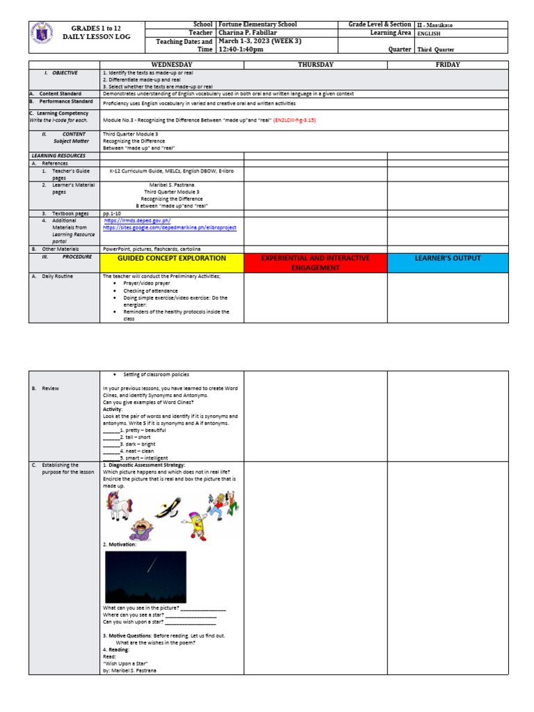 DLL Q3 English Week 3 March1 3 | PDF | Learning | Teachers