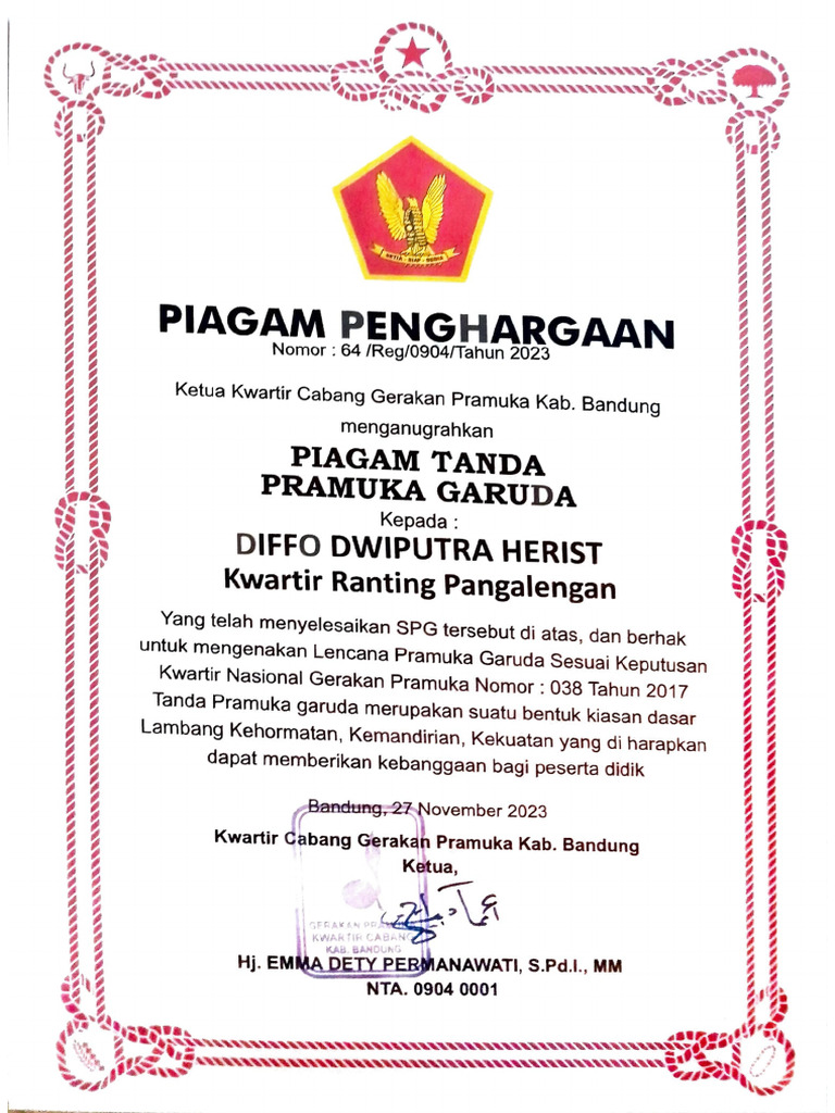 Piagam Pramuka Garuda Diffo Dwiputra Herist | PDF