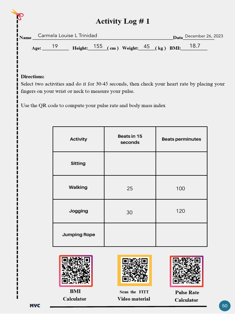 Physical Activity Log and Assessment Guide | PDF | Body Mass Index ...