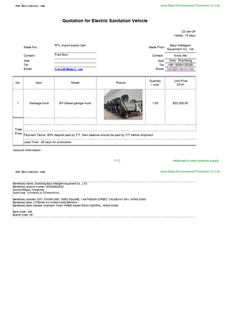 Diesel Garbage Truck Quotation | PDF | Economies