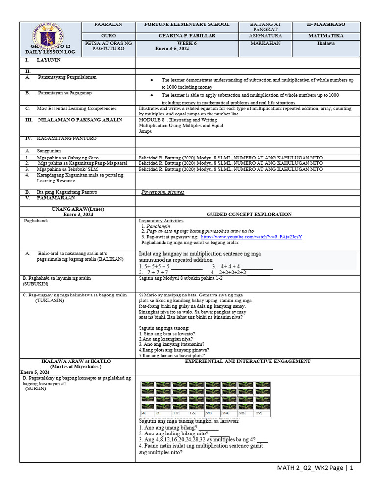 MATH-2 - DLL - Q2 W6 M8 Illustrating and Writing Using Multiples ...