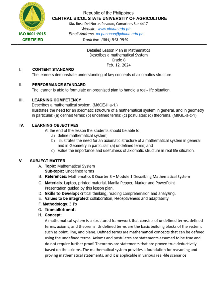 Detailed Lesson Plan in Mathematics | PDF | Axiom | Mathematics