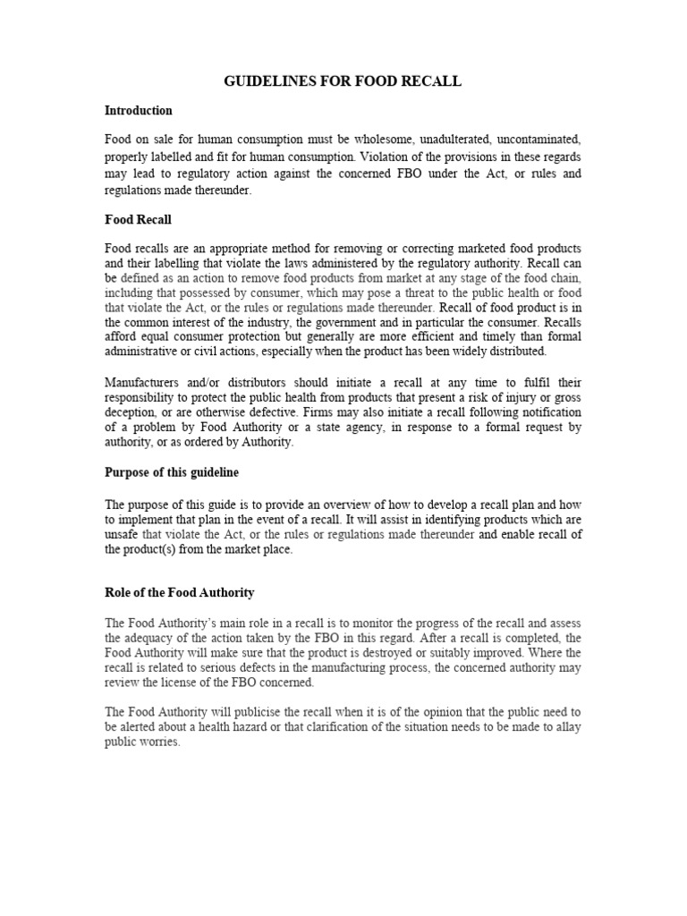 Sample Food Recall Plan and Guidelines | PDF | Product (Business ...