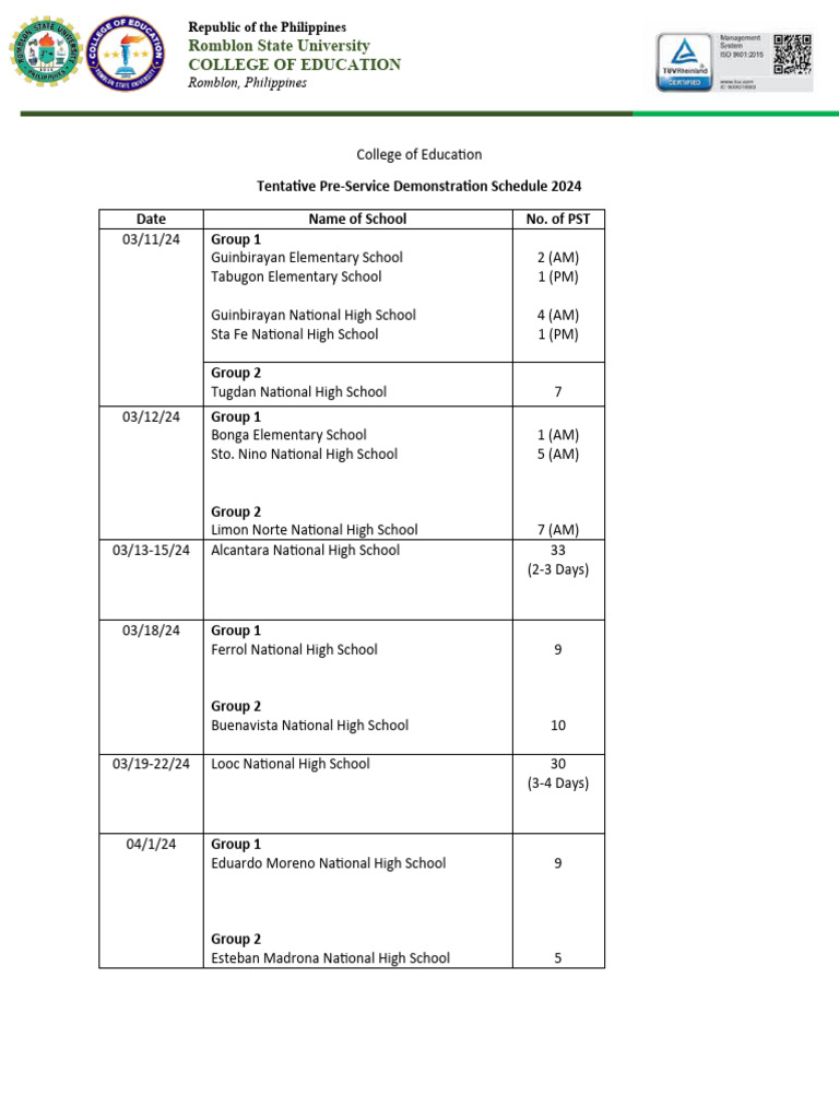Tentative Pre Service Demonstration Schedule 2024 | PDF