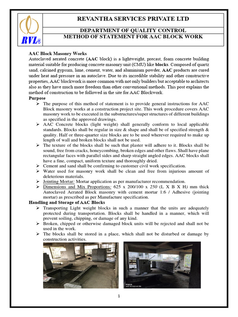 METHOD OF STATEMENT FOR AAC BLOCK WORK | PDF | Masonry | Wall