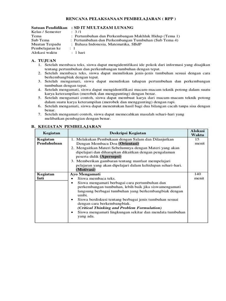 RPP Kelas 3 Tema 1 Subtema 4 | PDF