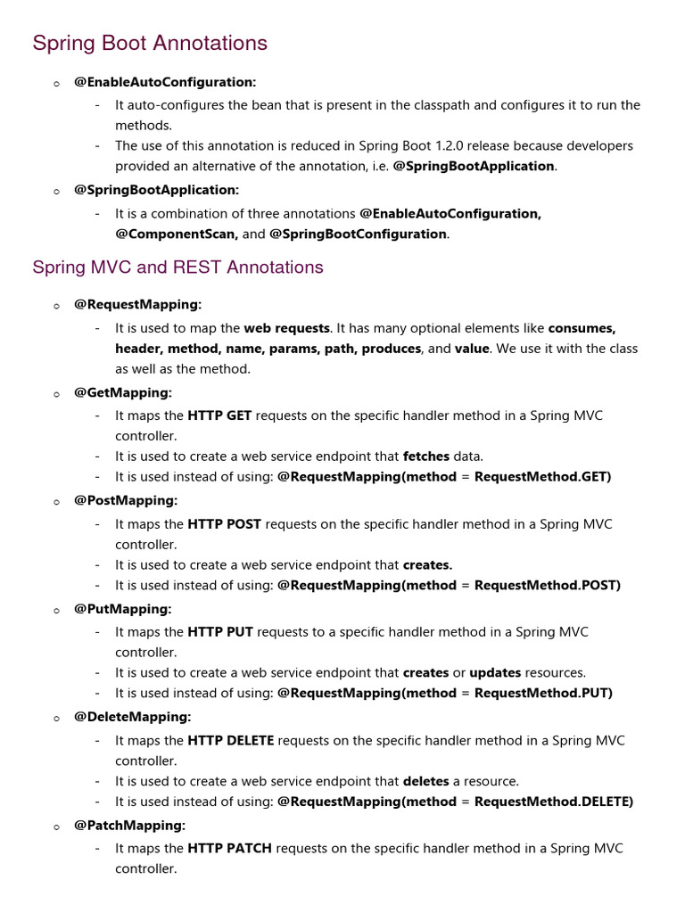 Spring Boot Annotations Pdf Spring Framework Software Development