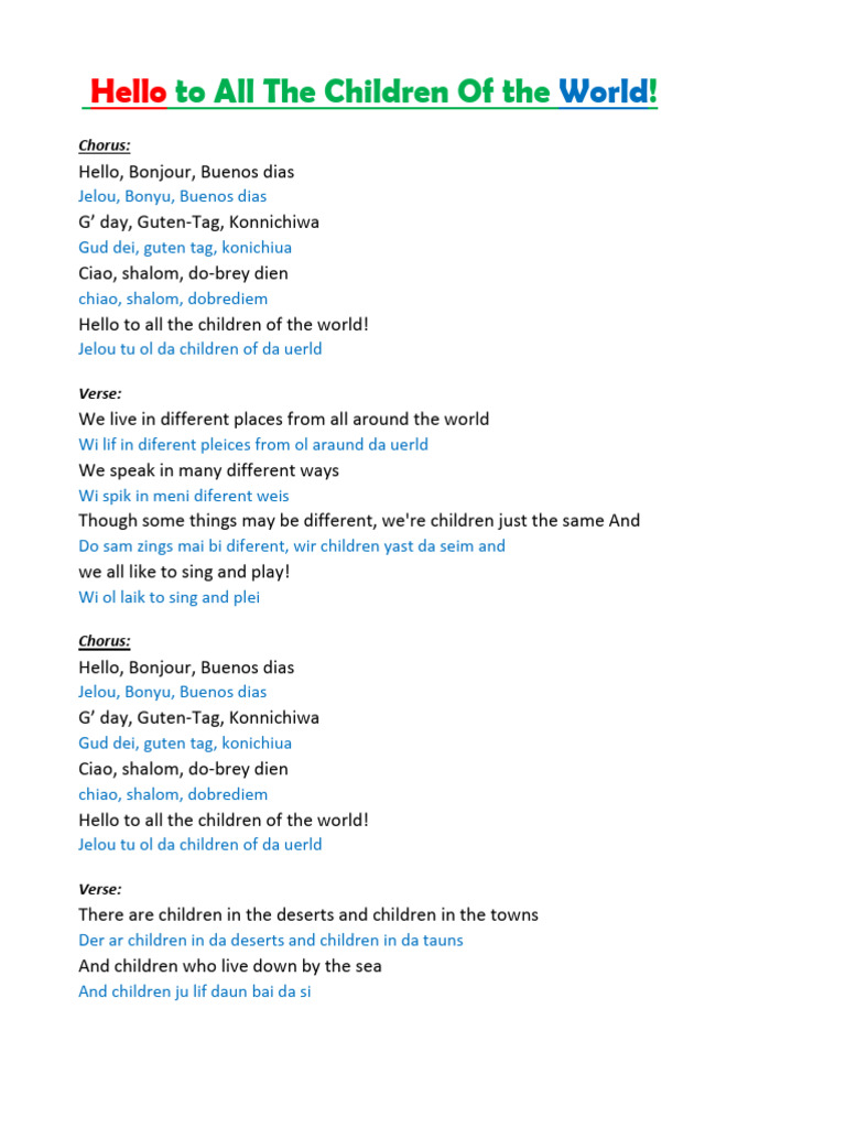 Hello to All the Children of the World | PDF | Language Arts ...