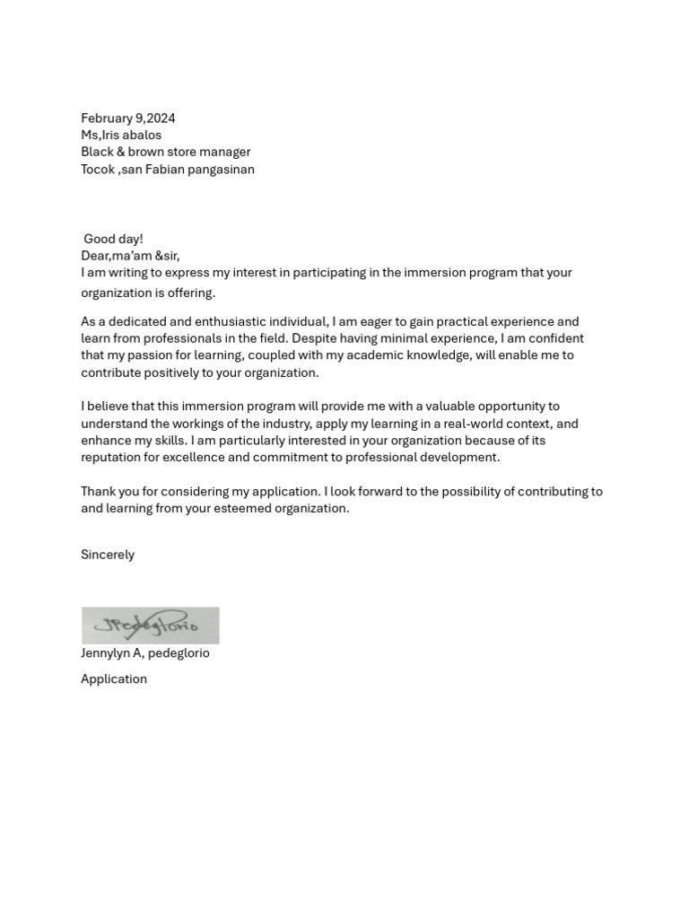 Immersion Program Application Letter | PDF | Career & Growth