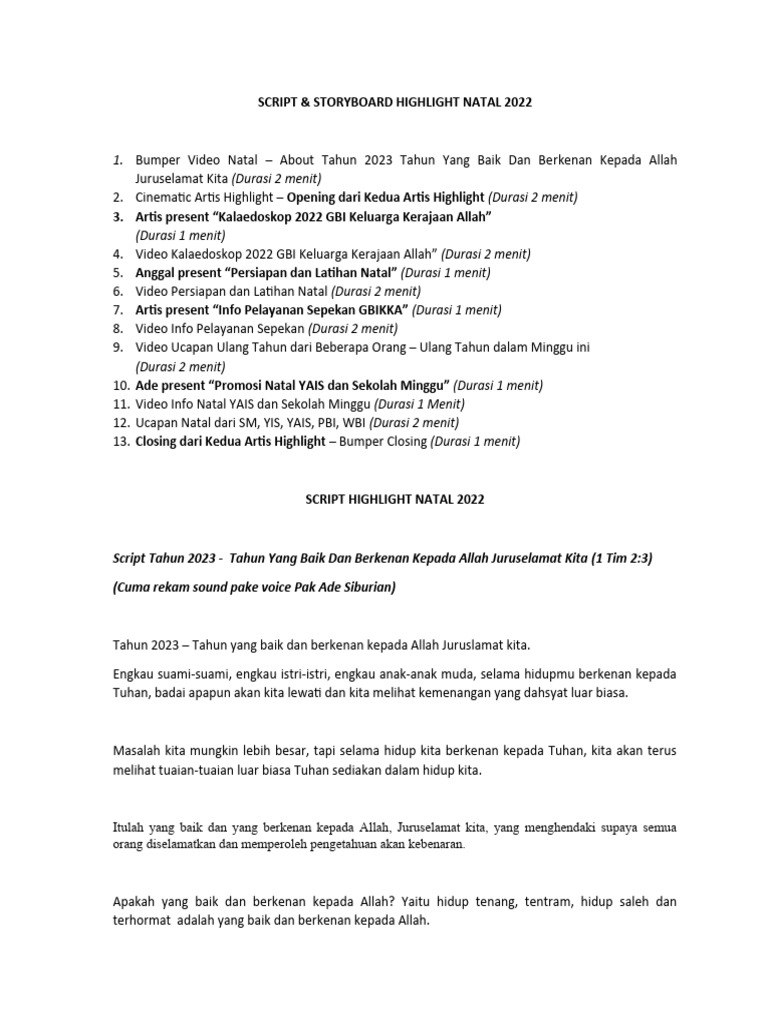 Script & Storyboard Highlight Natal 2022 | PDF