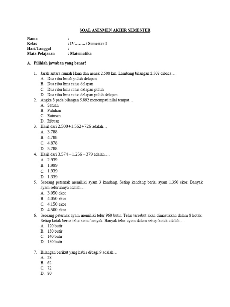 Soal AAS Matematika Kelas 4 Semester 1 | PDF | Metode & Bahan Ajar | Seni