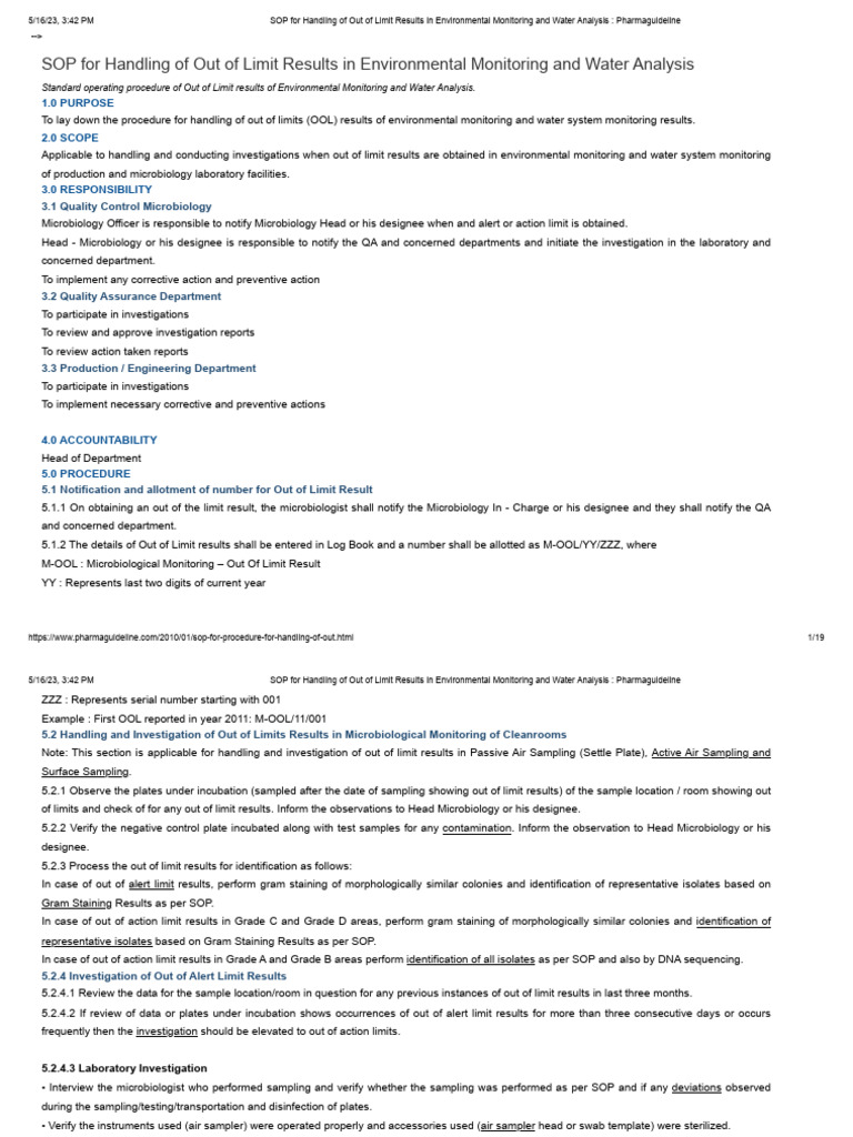 SOP For Handling of Out of Limit Results in Environmental Monitoring and Water Analysis ...
