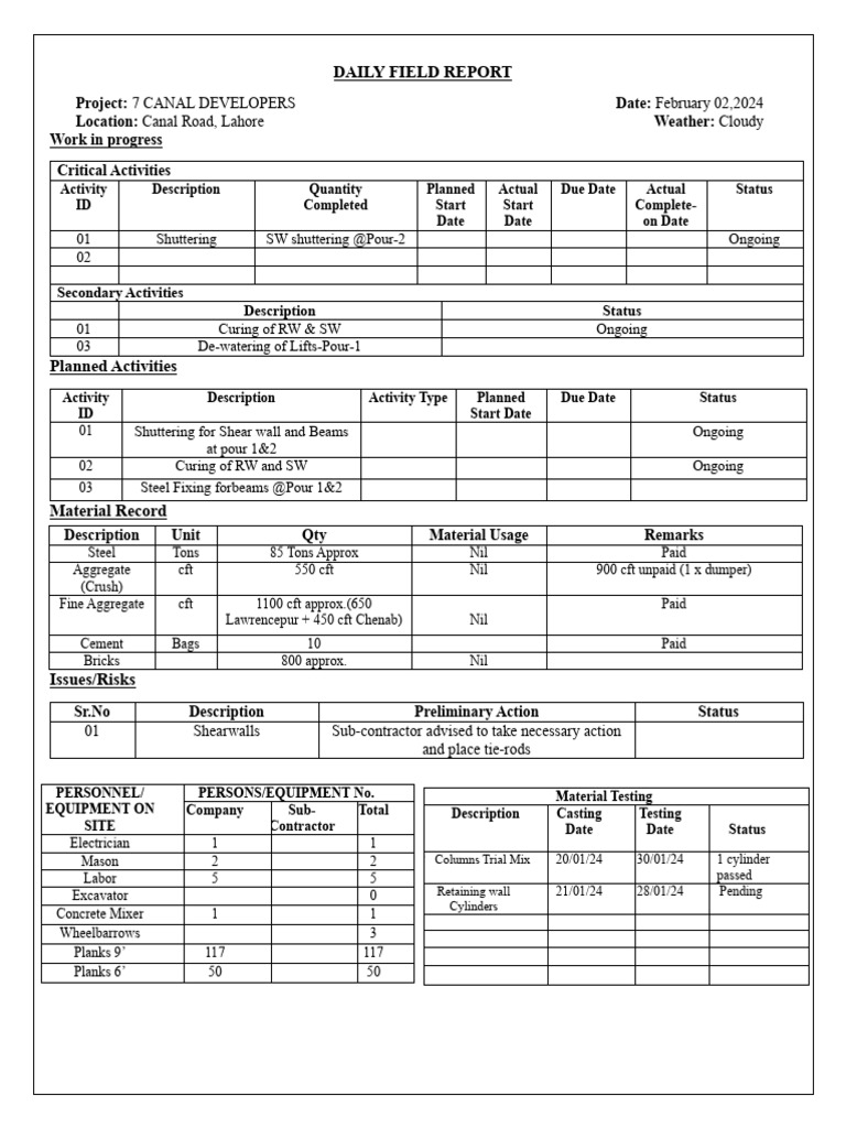 03-02-24-DAILY FIELD REPORT-Construction Works | PDF | Building | Real ...