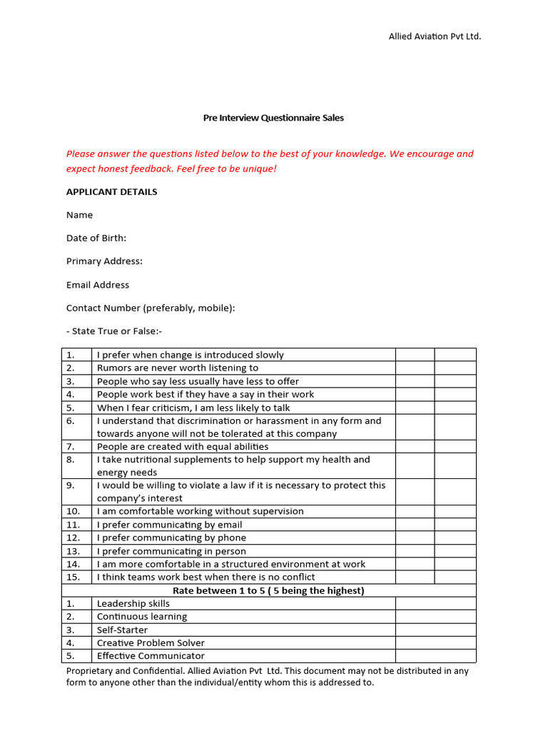 Pre Questionnaire - Rev - Allied | PDF