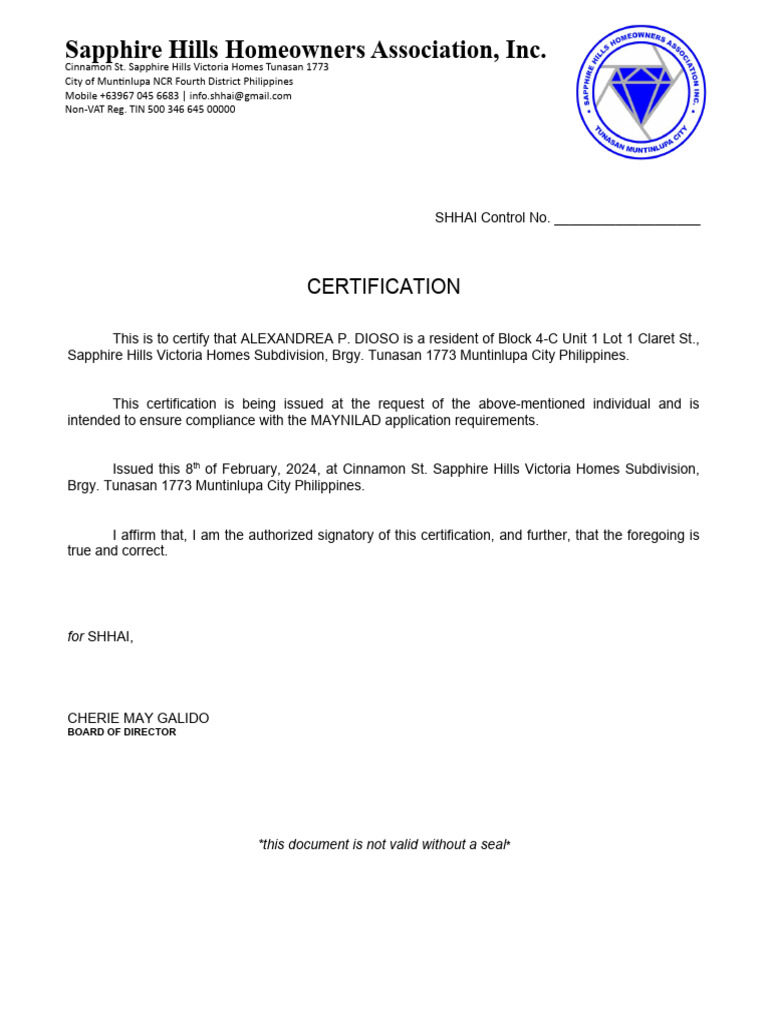 Form 14-SSHAI-HOA Certificate For MAYNILAD | PDF | Law