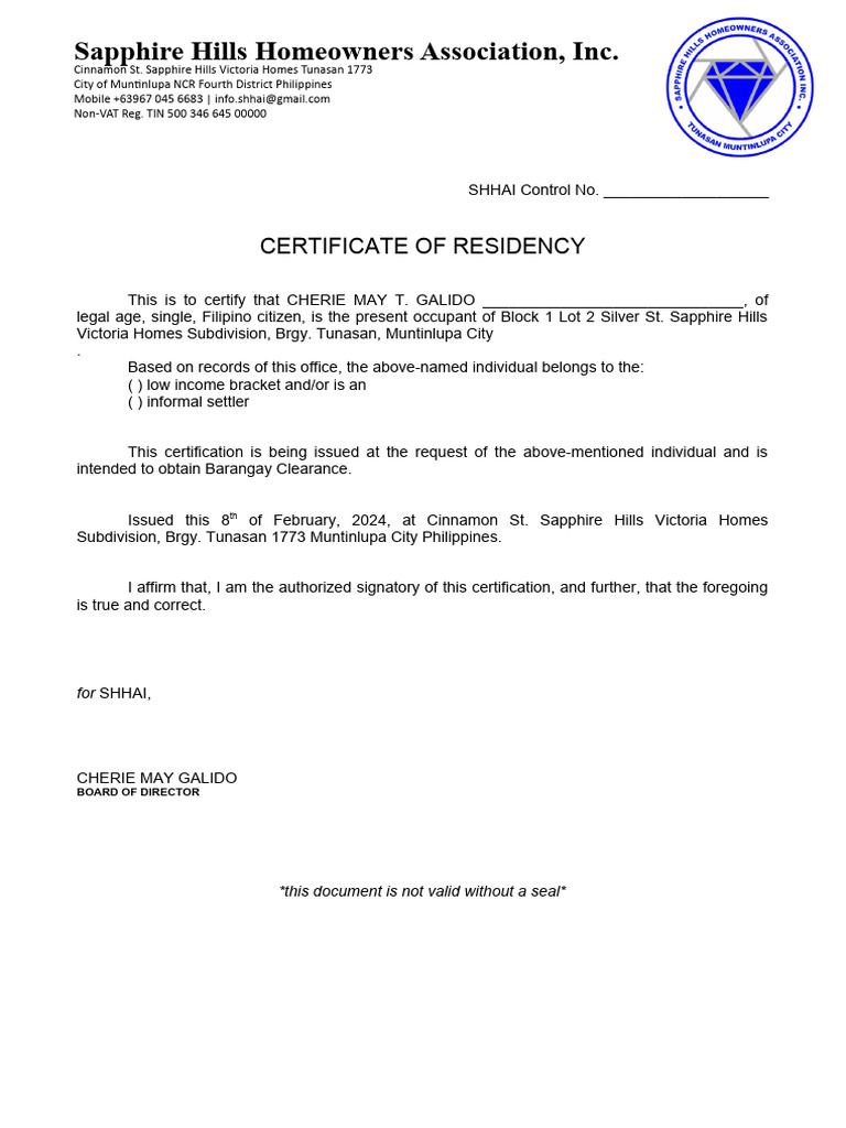 Form 12-SSHAI-HOA Certificate For Residency | PDF