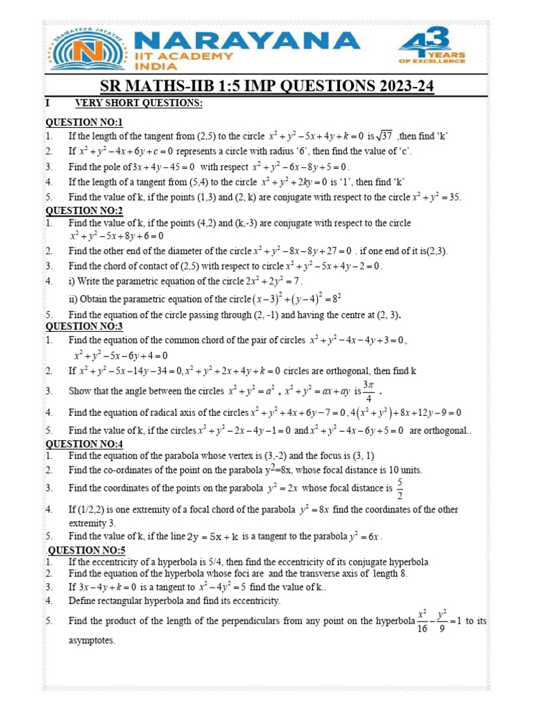 TS - SR - Maths Iib - Imp Questions-2023-24 | PDF | Ellipse | Circle