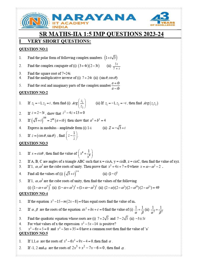 TS - SR - Maths Iia - Imp Questions-2023-24 | PDF | Complex Number | Variance