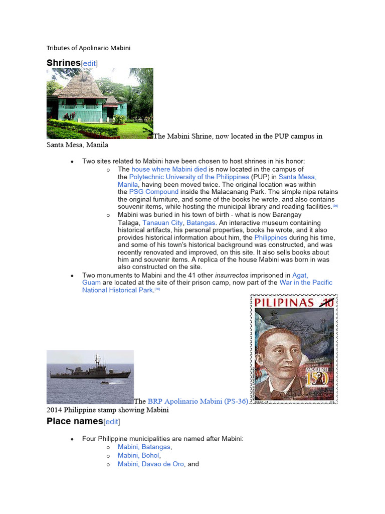Apolinario Mabini Tributes & Honors | PDF | Philippines | Economy Of ...