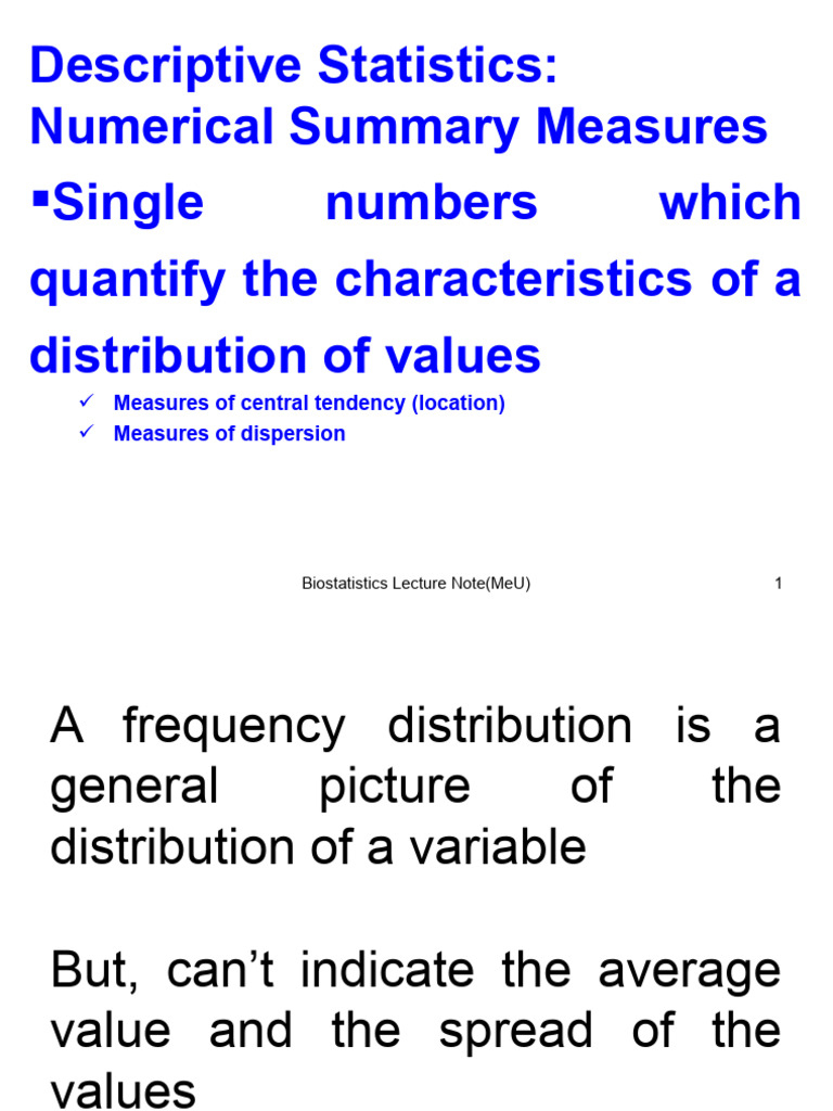 Mescriptive Numerical Summary Measures | PDF | Mean | Mode (Statistics)