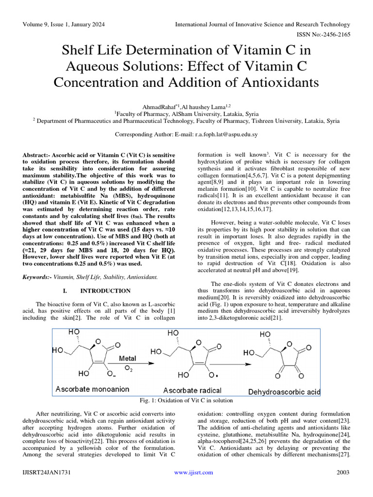 Shelf Life Determination of Vitamin C in Aqueous Solutions: Effect of ...