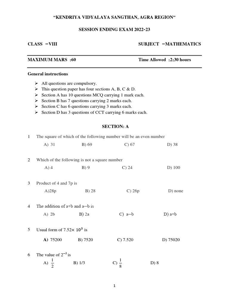 SEE Sample Question Paper 1 of Class VIII | PDF