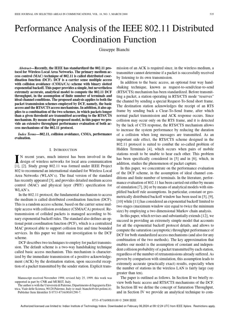 Performance Analysis of The IEEE 802.11 Distributed Coordination Function | PDF | Ieee 802.11 ...