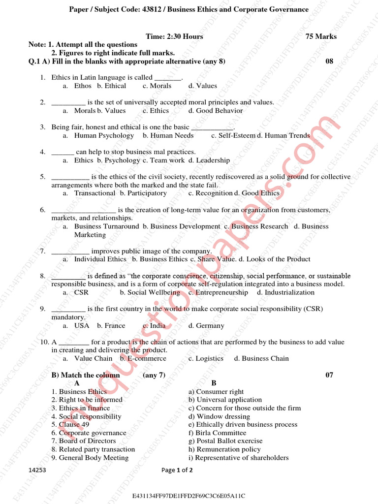 Commerce Bcom Financial Markets Semester 5 2023 April Business Ethics and Corporate Governance ...