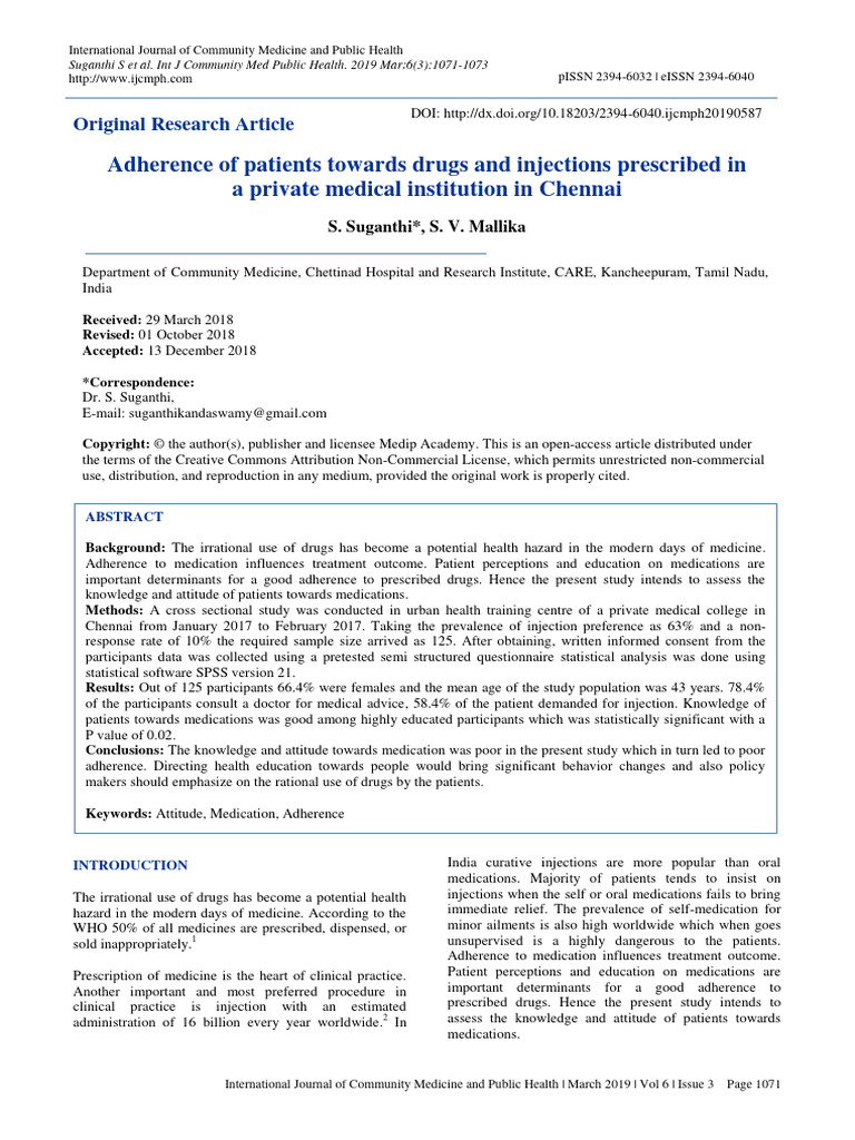 Adherence of Patients Towards Drugs and Injections | PDF | Medicine | Prescription Drugs