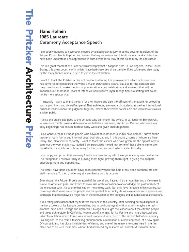 1985 - Acceptance Speech - Hans Hollein | PDF | Art | History