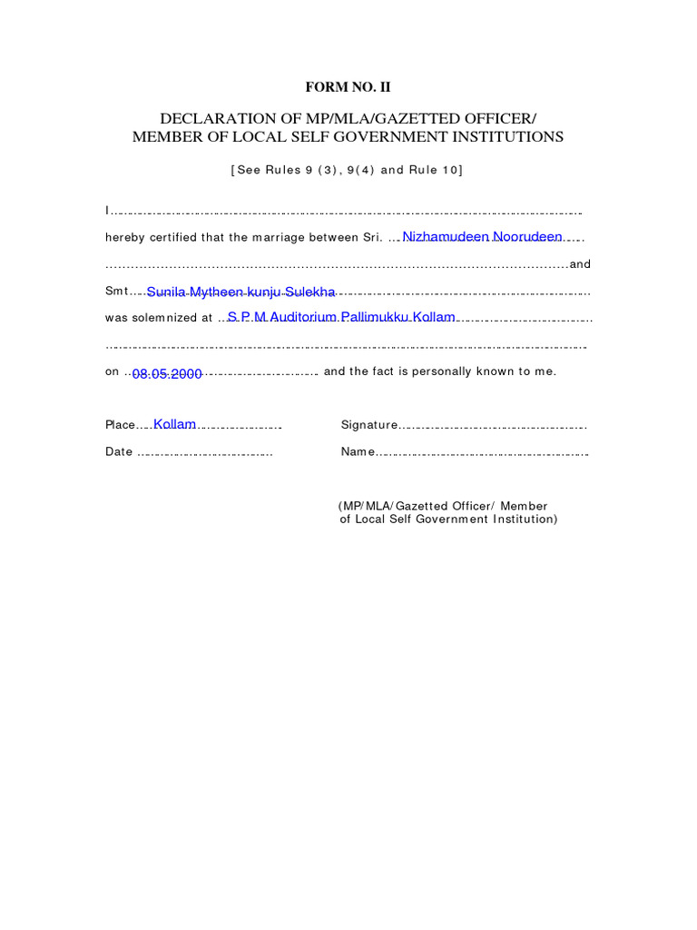 MP/MLA Marriage Declaration Form | PDF
