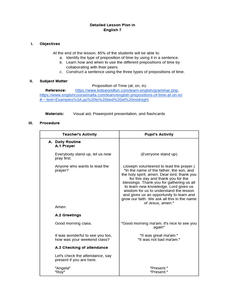 Detailed Lesson Plan in English | PDF | Adverb | Preposition And ...