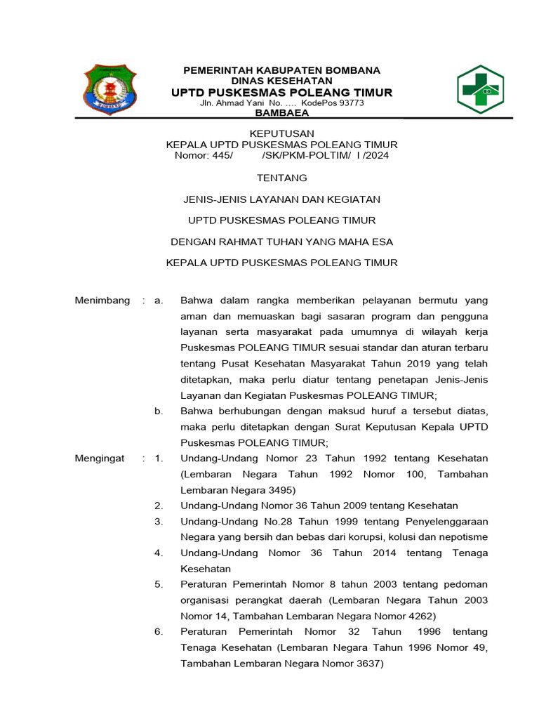 SK Jenis-Jenis Pelayanan Puskesmas | PDF