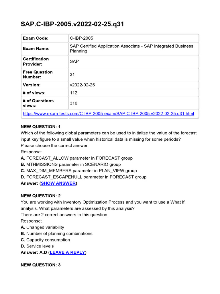 SAP.C IBP 2005.v2022 02 25.q31 | PDF | Microsoft Excel | Parameter ... SAP.C IBP 2005.v2022 02 25.q31 | PDF | Microsoft Excel | Parameter ...