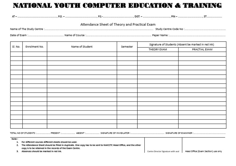 Exam. Attendance Sheet | PDF