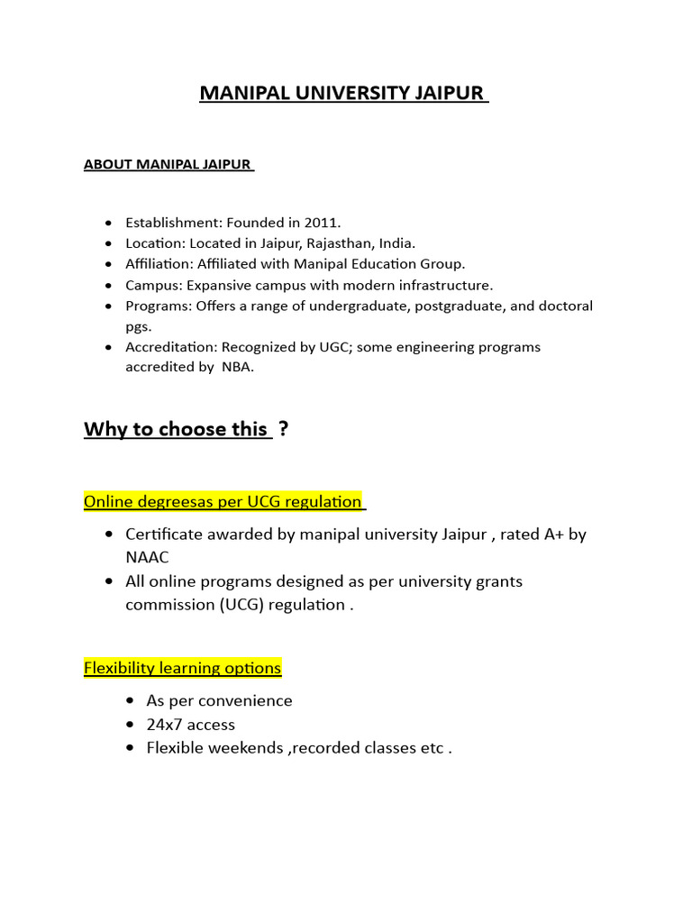 Manipal University Jaipur Overview and Fees | PDF | Academic Degree ...