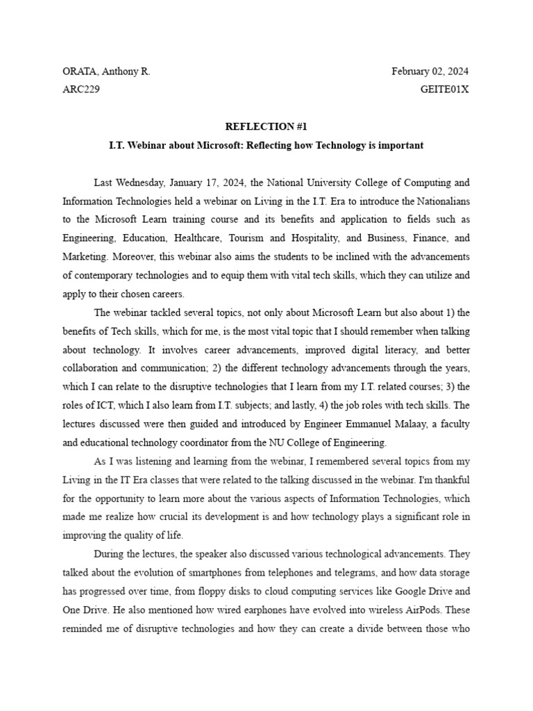 Orata - Reflection 1 - Arc229 | PDF