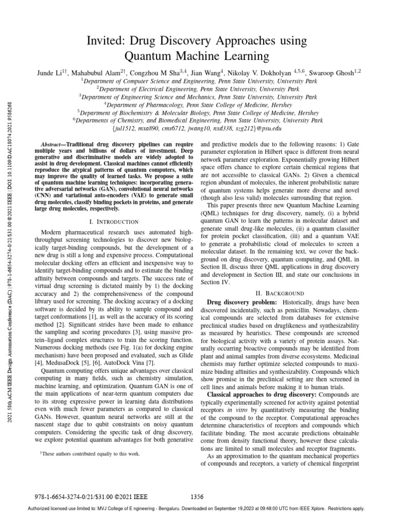 Invited Drug Discovery Approaches Using Quantum Machine Learning | PDF