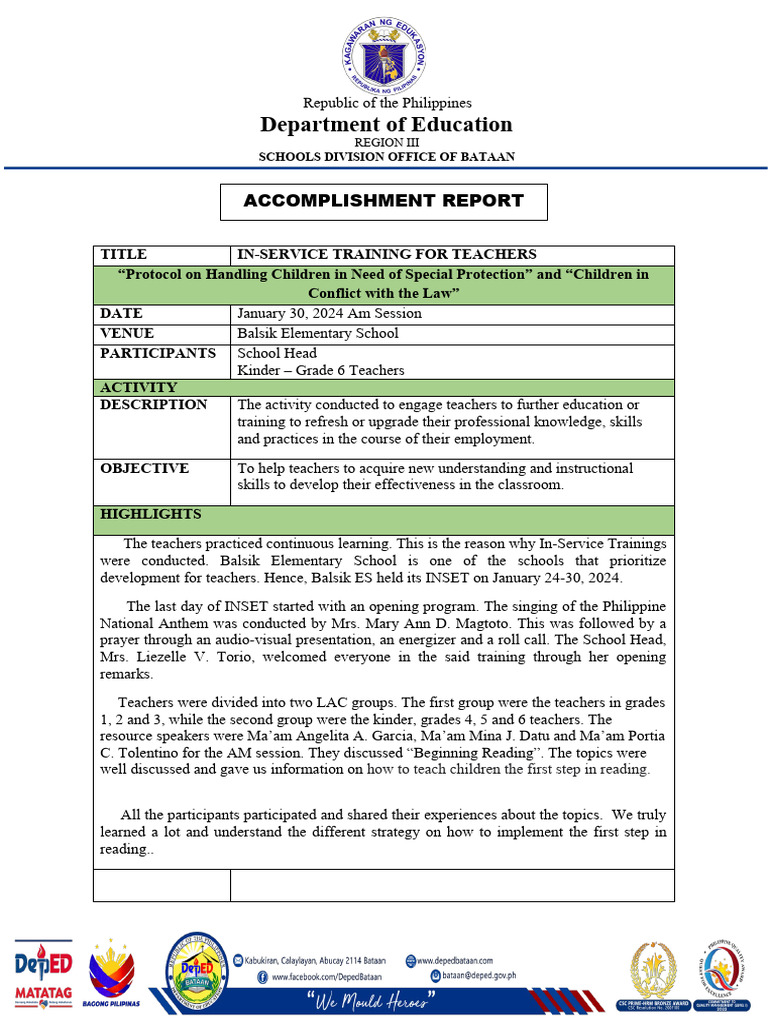 Acr - Inset - Jan 30,2024 | PDF | Teachers | Pedagogy