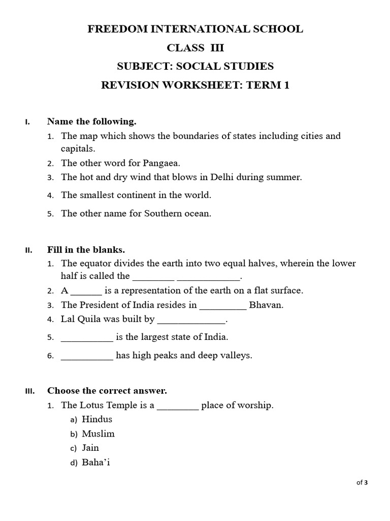 Grade 3 SST T1 Revision Worksheet Term 1 SST | PDF | Delhi