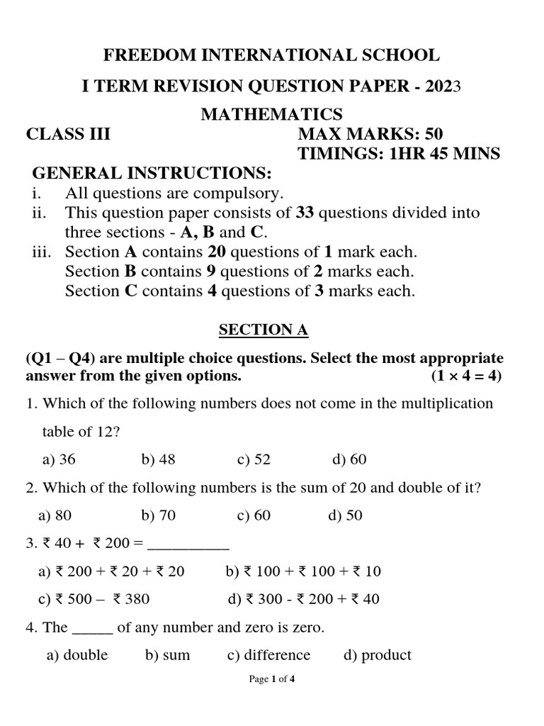 Term I Grade 3 Maths | PDF | Rupee | Multiplication