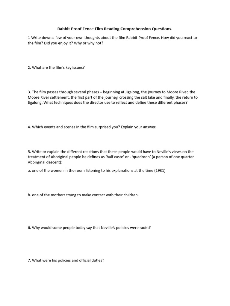Rabbit Proof Fence Film Reading Comprehension Questions | PDF
