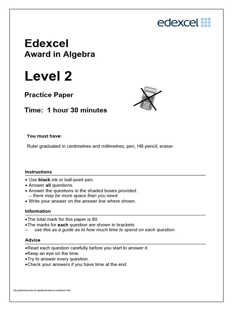 01 Award in Algebra Level 2 Practice Paper (1) | PDF | Speed ...